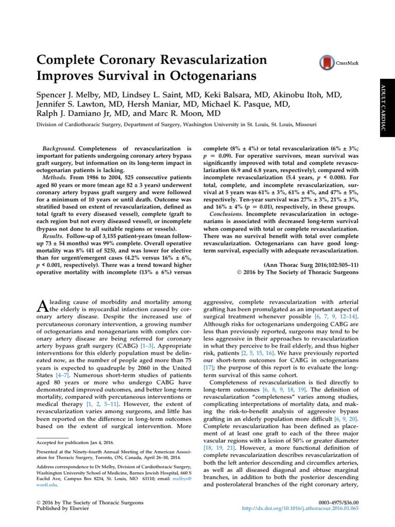 Complete Coronary Revascularization Improves Survival in Octogenarians ...