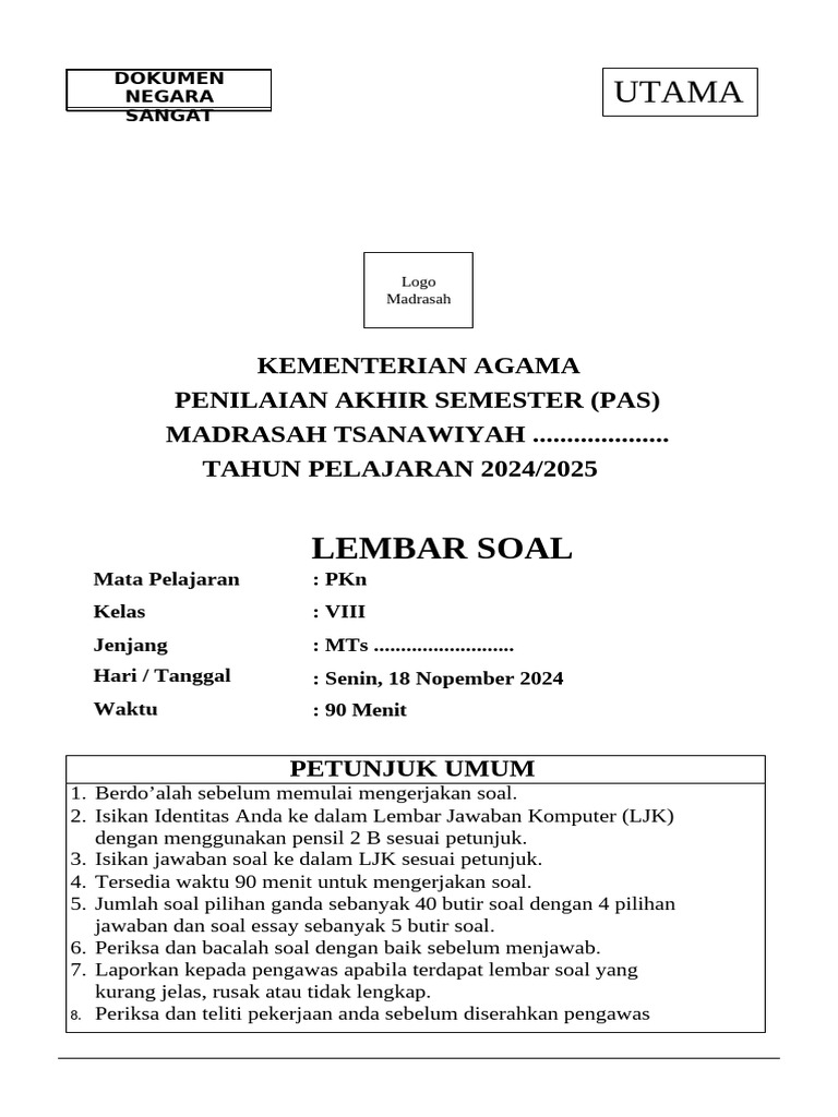 Naskah Pas Mapel PKN Kelas 8 Paket 01 Tapel 2024-2025 | PDF