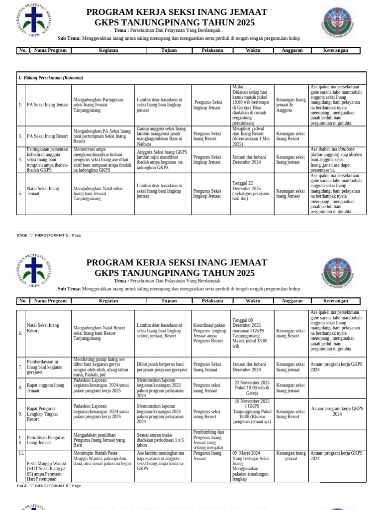 Program Kerja Seksi Inang Tanjungpinang 2024 | PDF