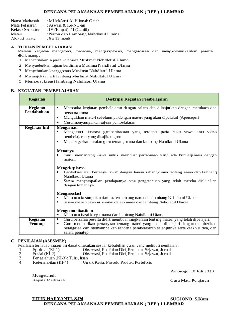 8 RPP Aswaja Kelas 4 Semester 2 | PDF