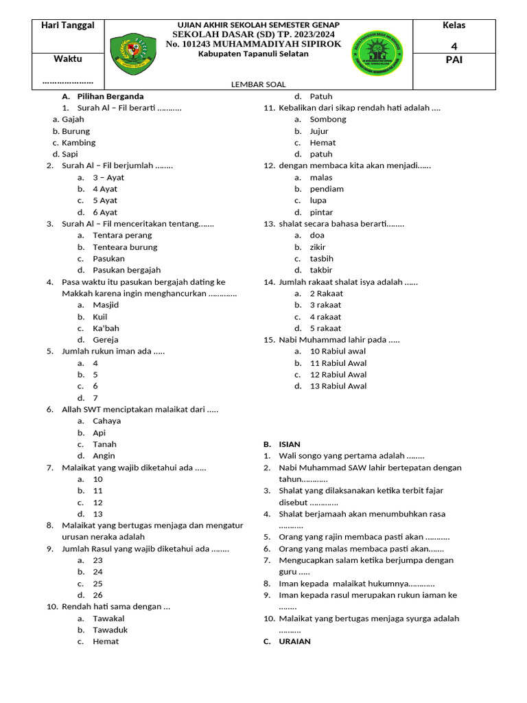 SOAL PAI Kelas 4 | PDF