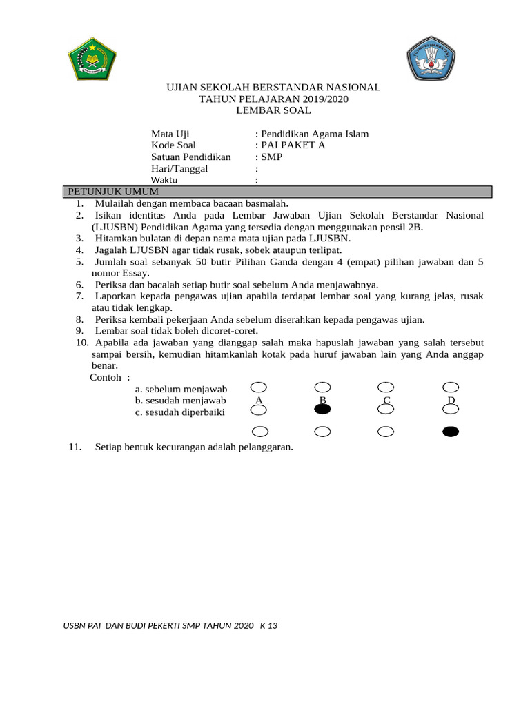 Paket Soal Utama K 13 2020 | PDF