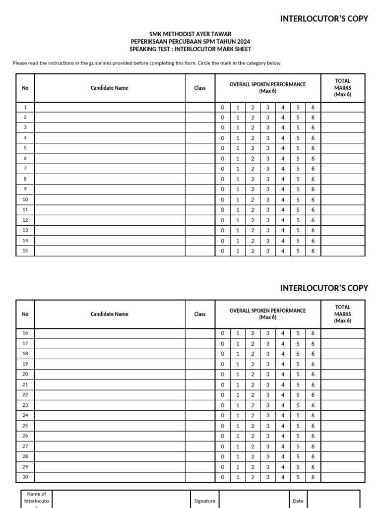 Speaking Mark Sheet - INTERLOCUTOR | PDF