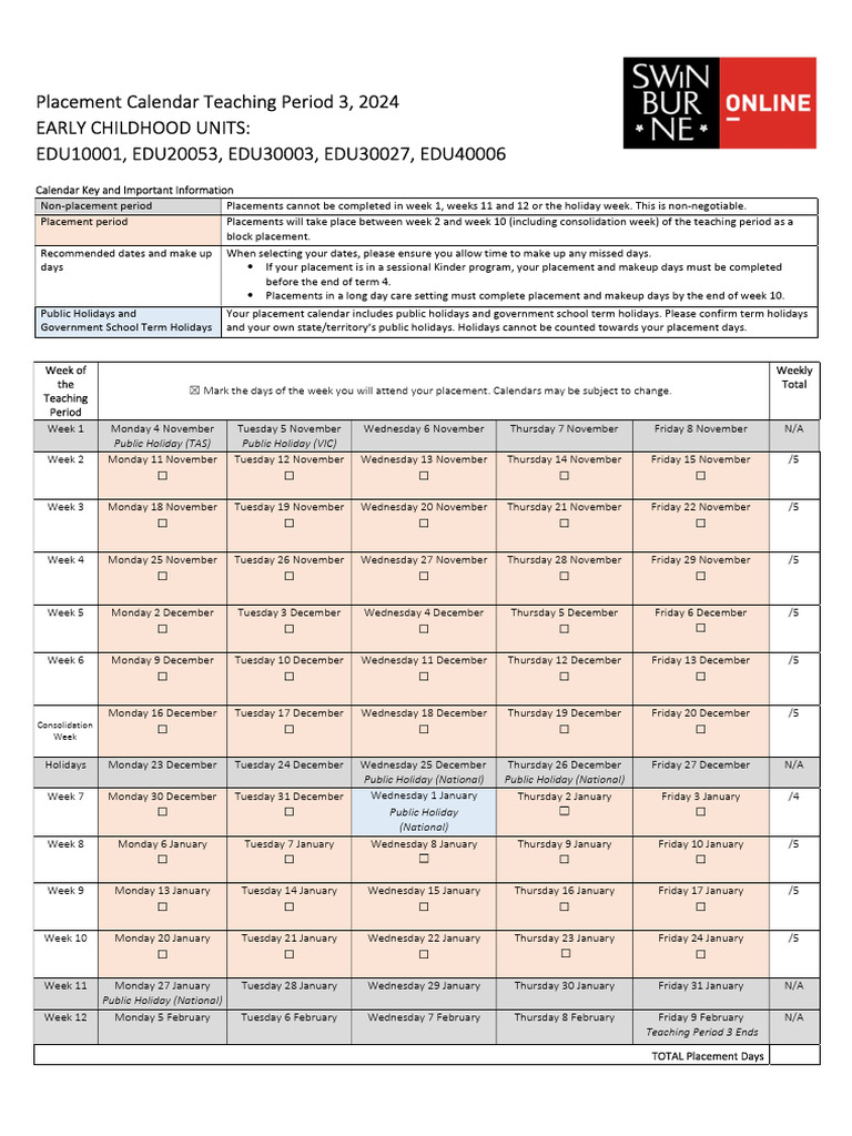 2024 TP3 Early Childhood Placement Calendar | PDF