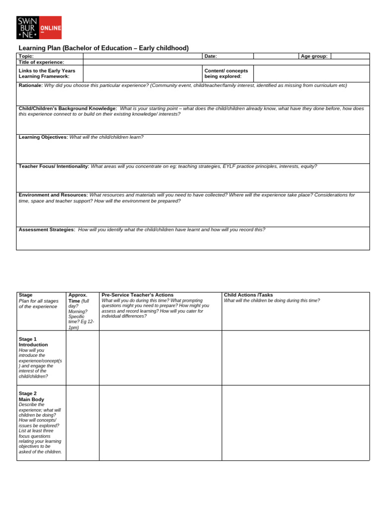 Early Childhood Lesson Plan Template 2024 | PDF | Experience | Teachers