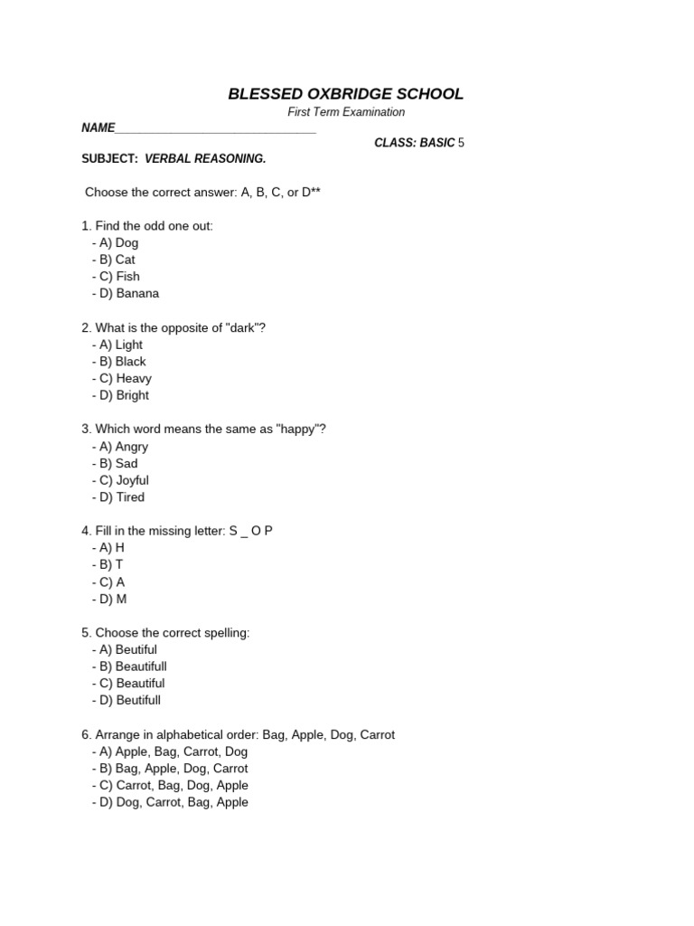 Verbal Reasoning Exam for Basic 5 | PDF | Language Arts & Discipline ...