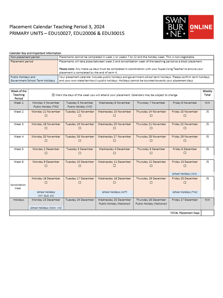 Placement Calendar for Teaching Period 3 | PDF