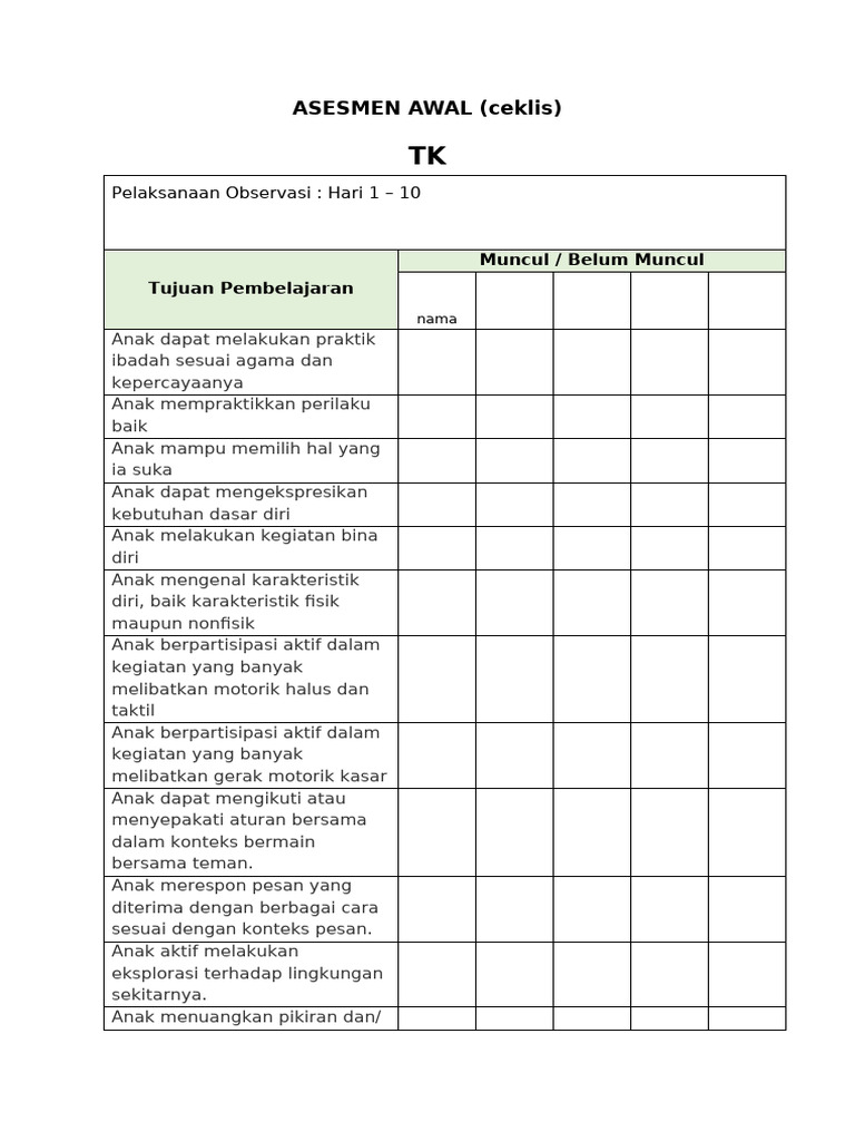 Contoh Asesmen Kognitif Anak TK | PDF | Karier & Perkembangan