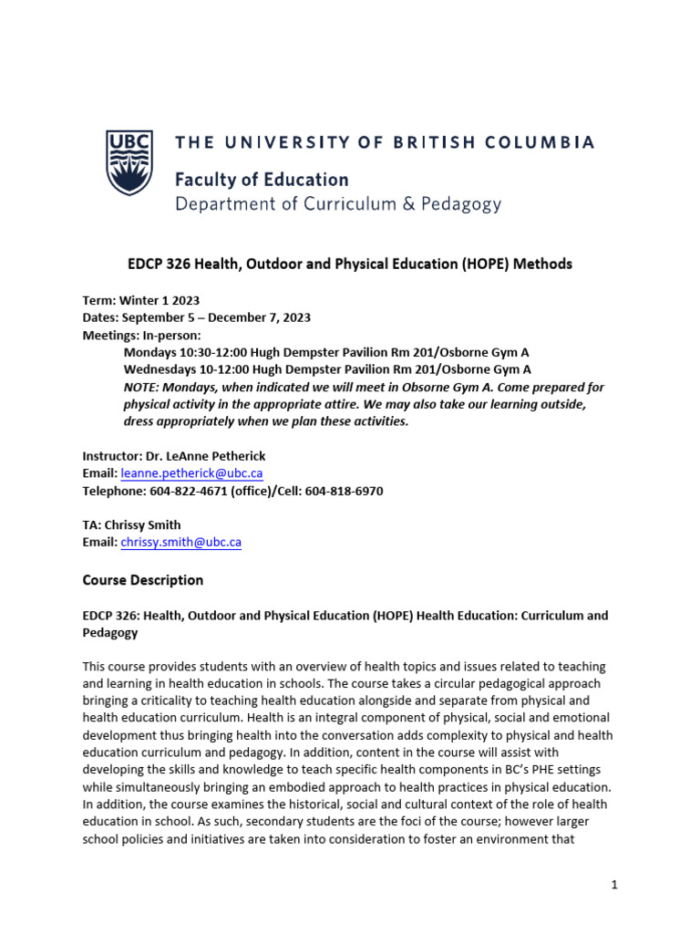Course Syllabus EDCP 326 Winter 1 2023 | PDF | Pedagogy | Curriculum