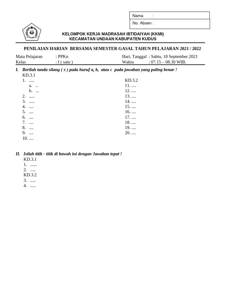 Contoh Format Lembar Soal PHB GSL 21-22 | PDF