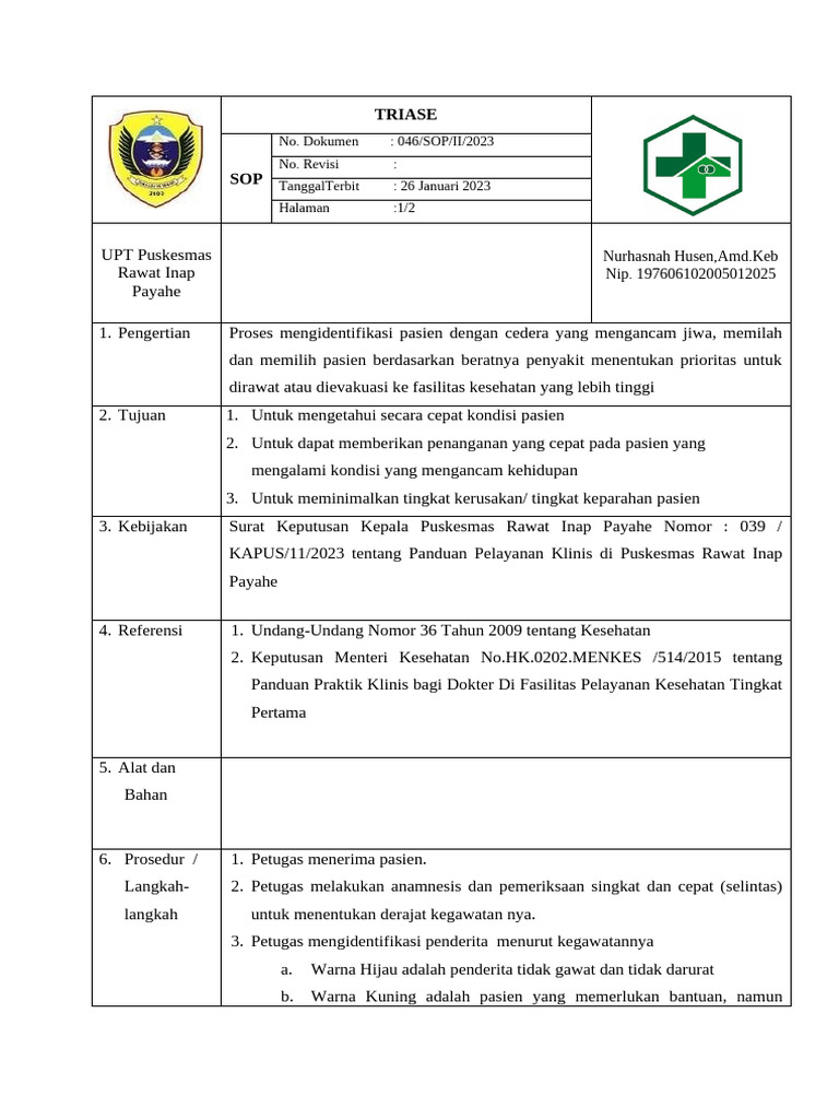 SOP Triase Puskesmas Payahe | PDF