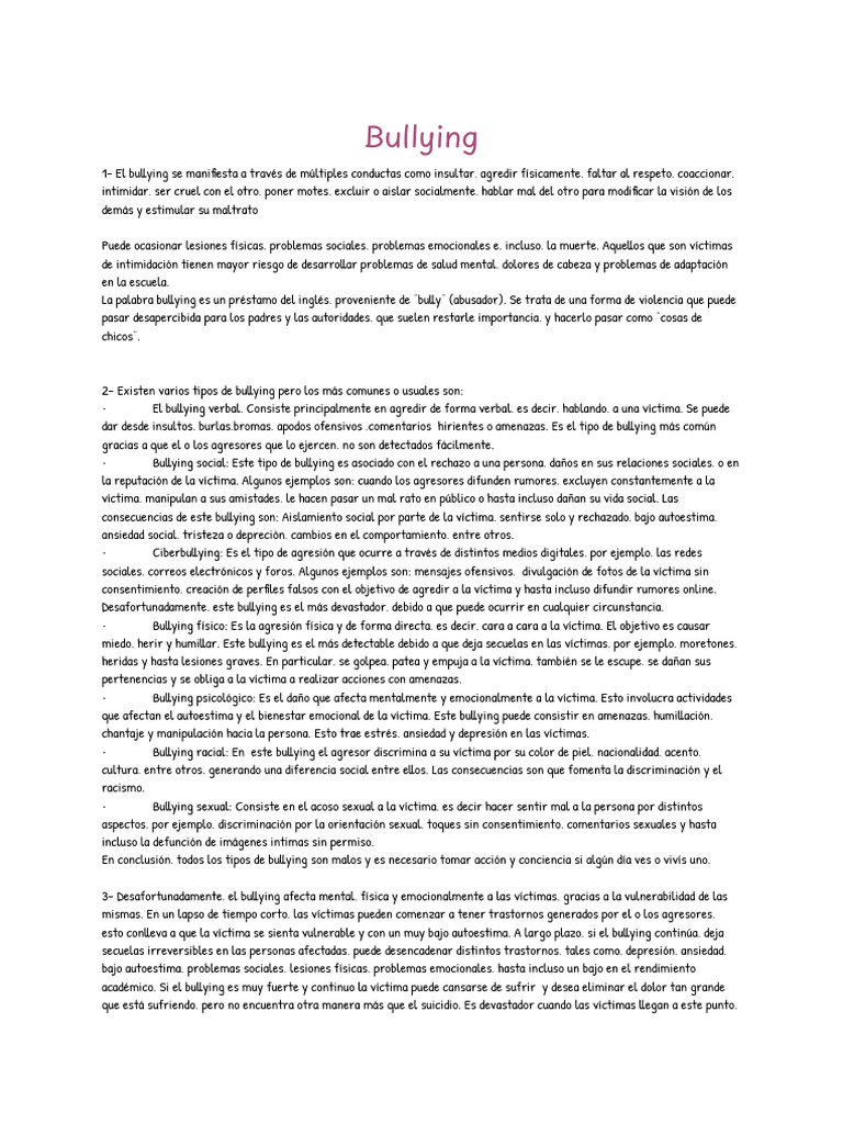 Bullying - Id. Español 2024 | PDF | Conceptos psicologicos | Injusticia