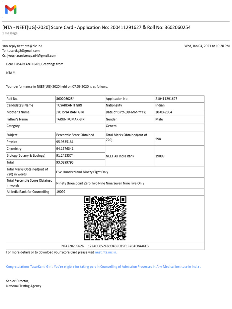 Gmail - (NTA - NEET (UG) - 2023) Score Card - Application No ...