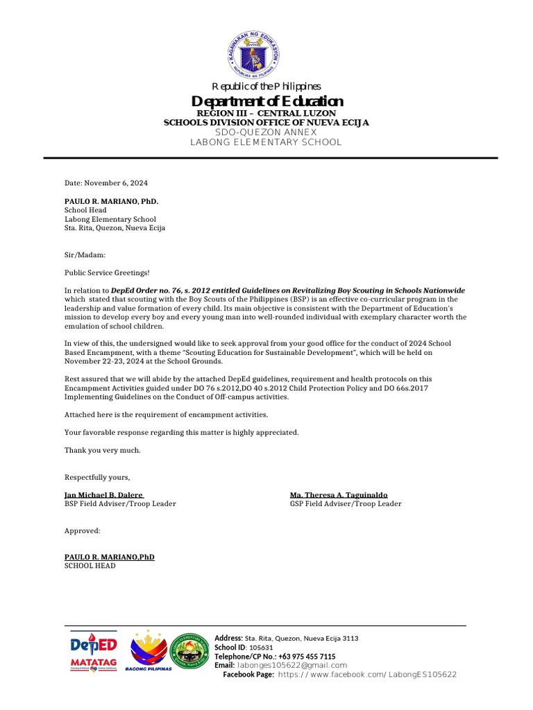 Request for 2024 School Encampment Approval | PDF | Youth Organizations ...