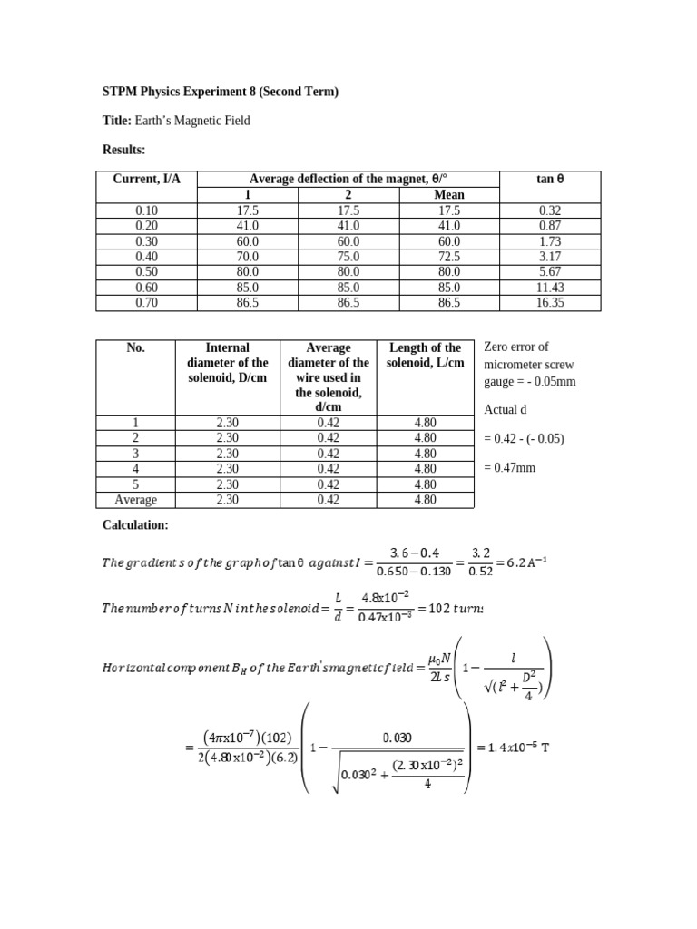 STPM Physics: Earth's Magnetic Field Experiment | PDF | Magnetic Field | Electromagnetism