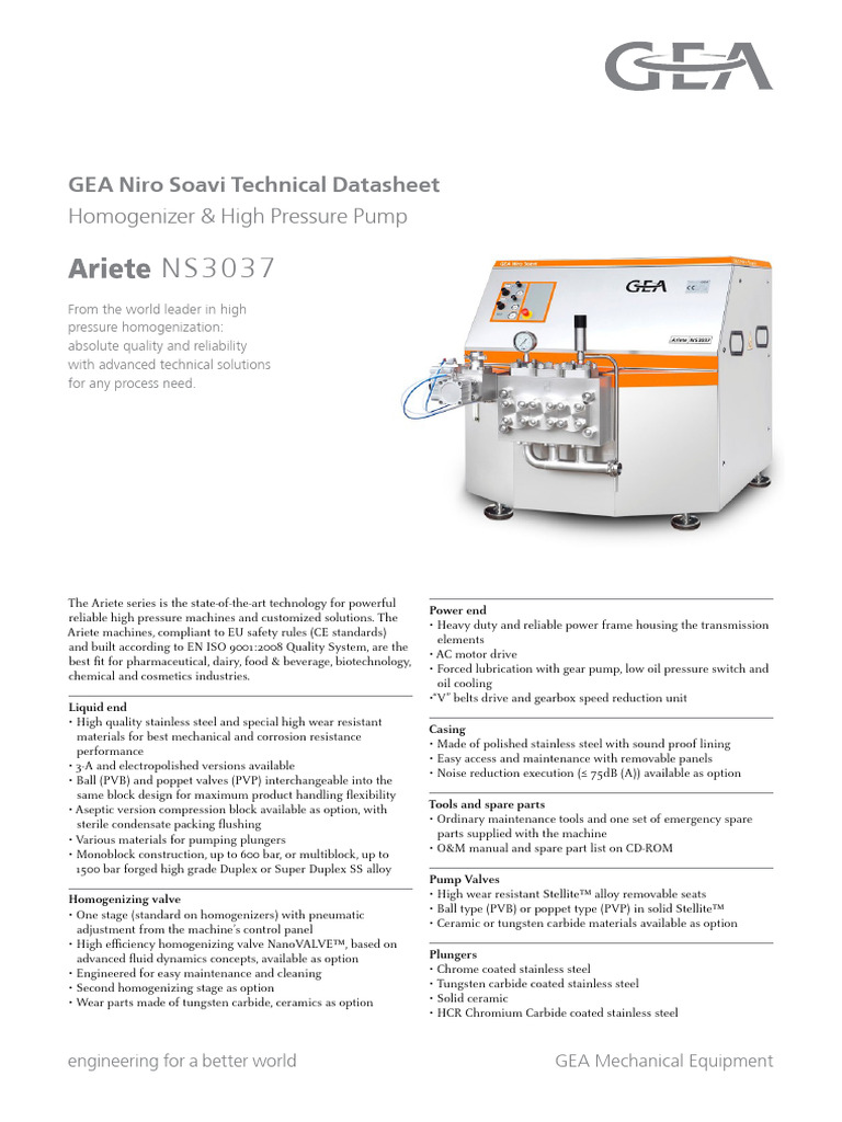 Gea Niro Soavi Ariete ns3037 30h 1 Stage High Pressure Pump Homogeniser ...