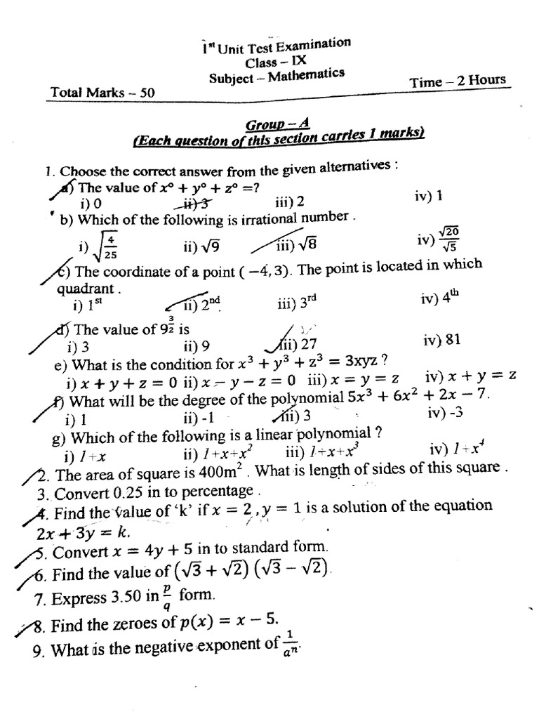 Class 9 Ut1 Mathematics 220524 2023 | PDF