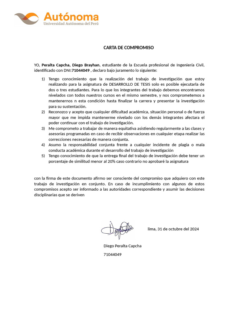 CARTA DE COMPROMISO Tesis | PDF | Crecimiento personal y profesional ...