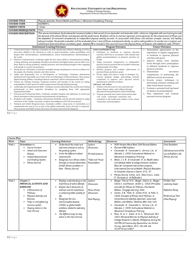 PATHFIT 1 Movement Competency Training SYLLABUS 1 | PDF | Physical ...