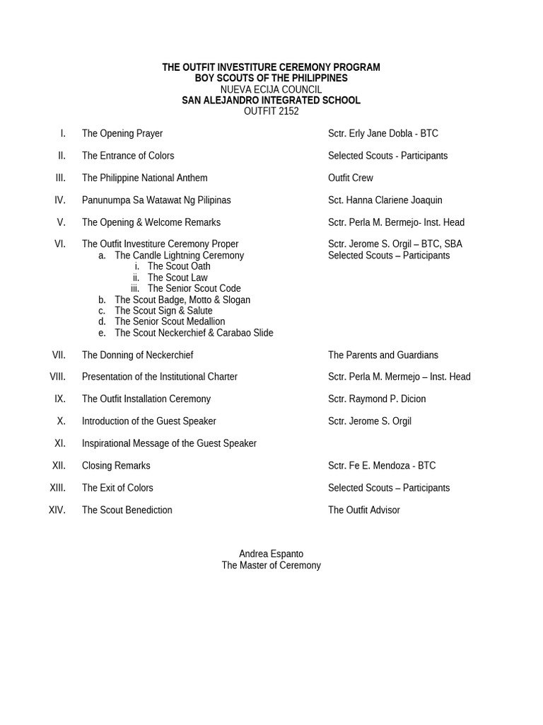 Investiture Program and Script 1 | PDF | Scouting
