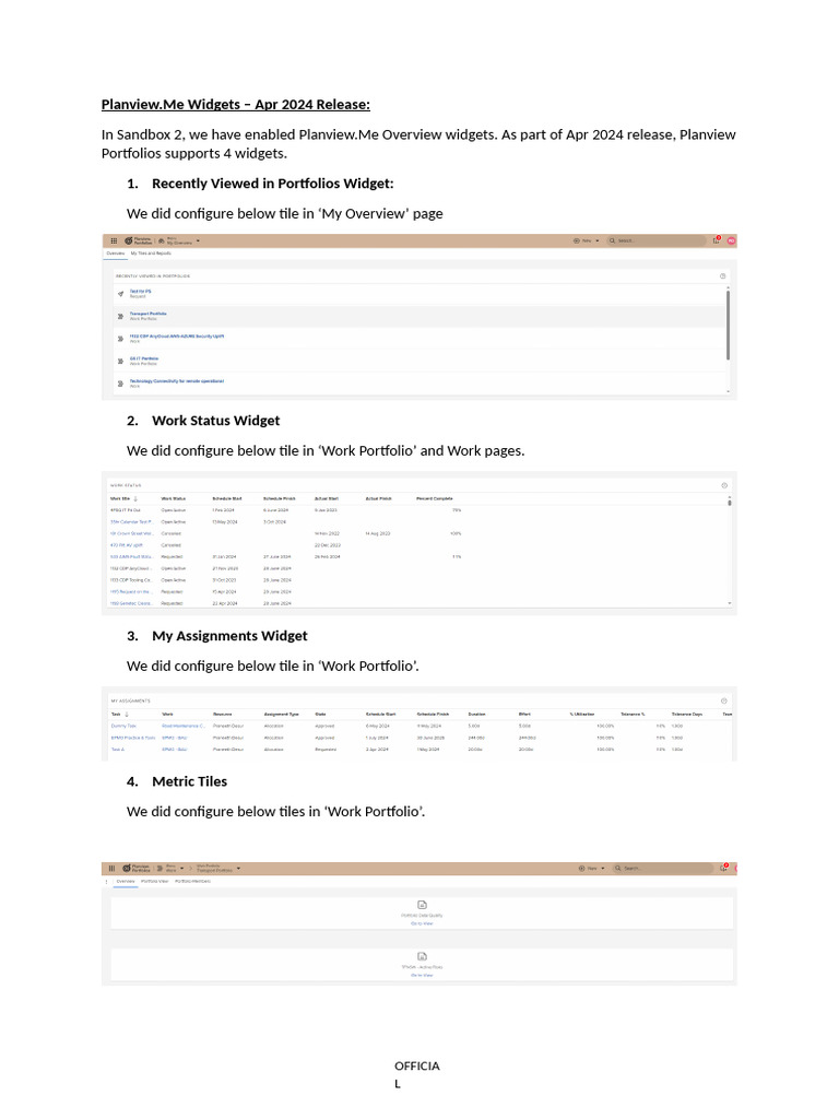 Planview.Me Widgets Overview - Apr 2024 | PDF