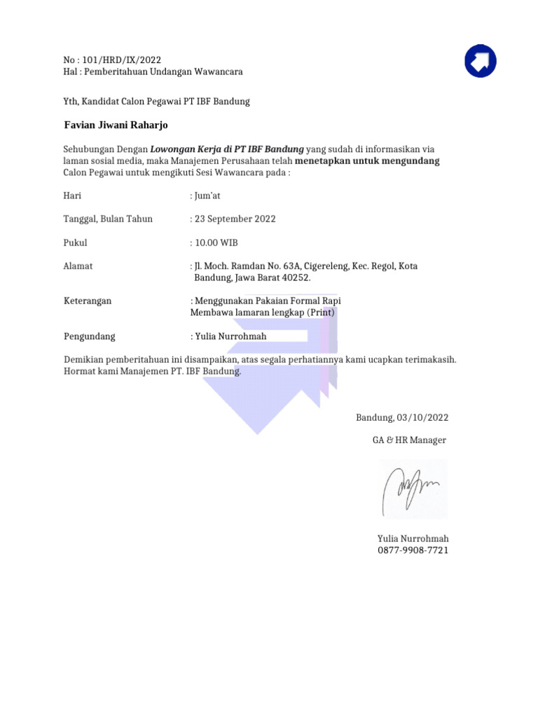 Undangan Wawancara PT IBF Bandung | PDF