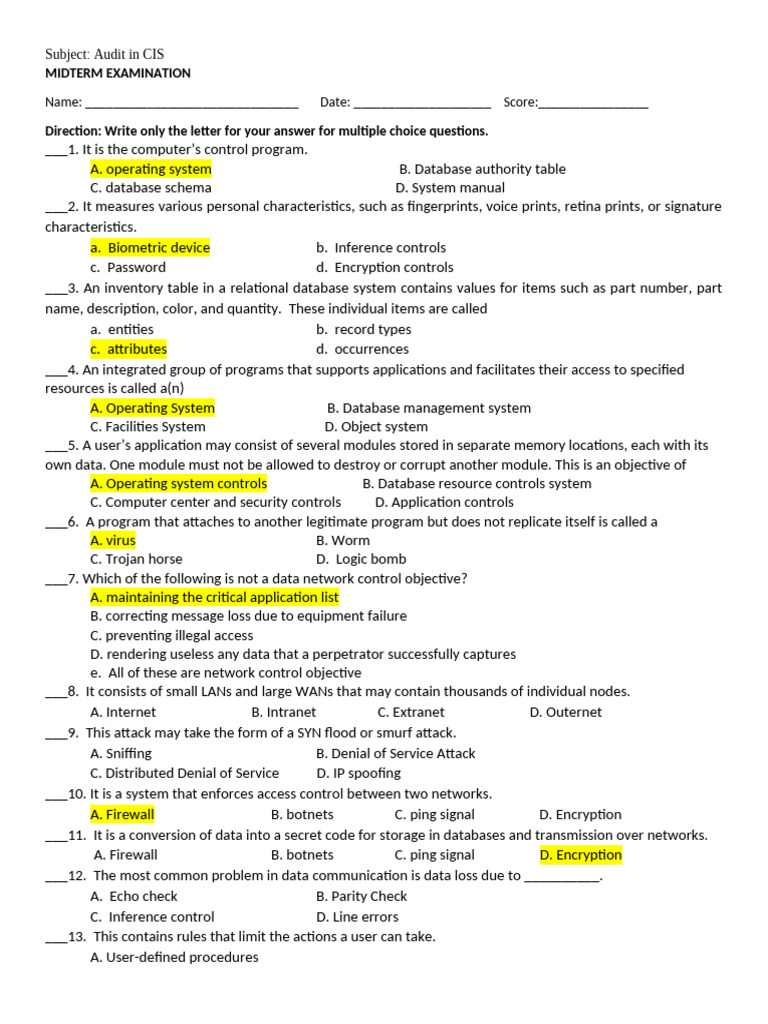 Midterm Audit in CIS | PDF | Databases | Computer Network