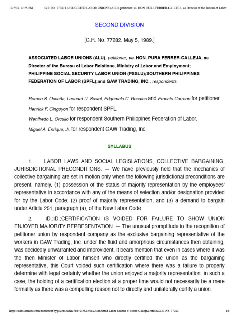 Associated Labor Unions v. Ferrer-Calleja | PDF | Collective Bargaining ...