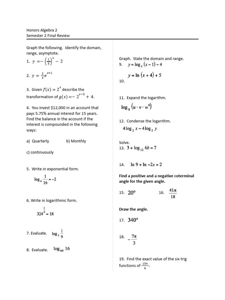 HN Alg 2 Final Review 2020 | PDF | Function (Mathematics) | Exponential ...