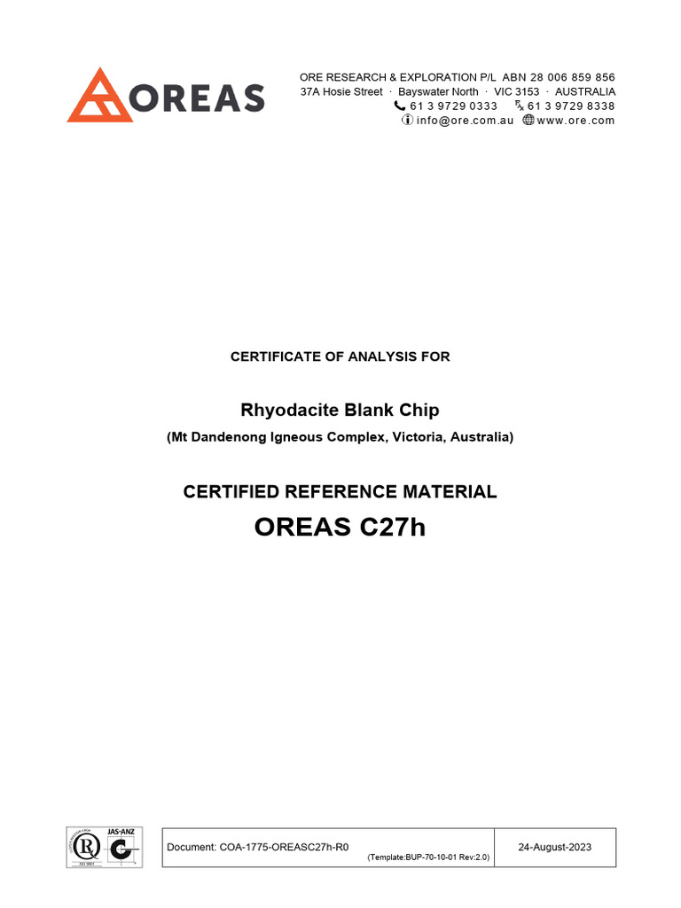 OREAS C27h Certificate | PDF | Outlier | Statistics