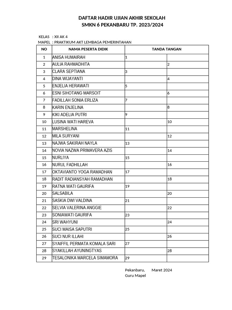 Daftar Hadir Uas Tp. 2023-2024 | PDF