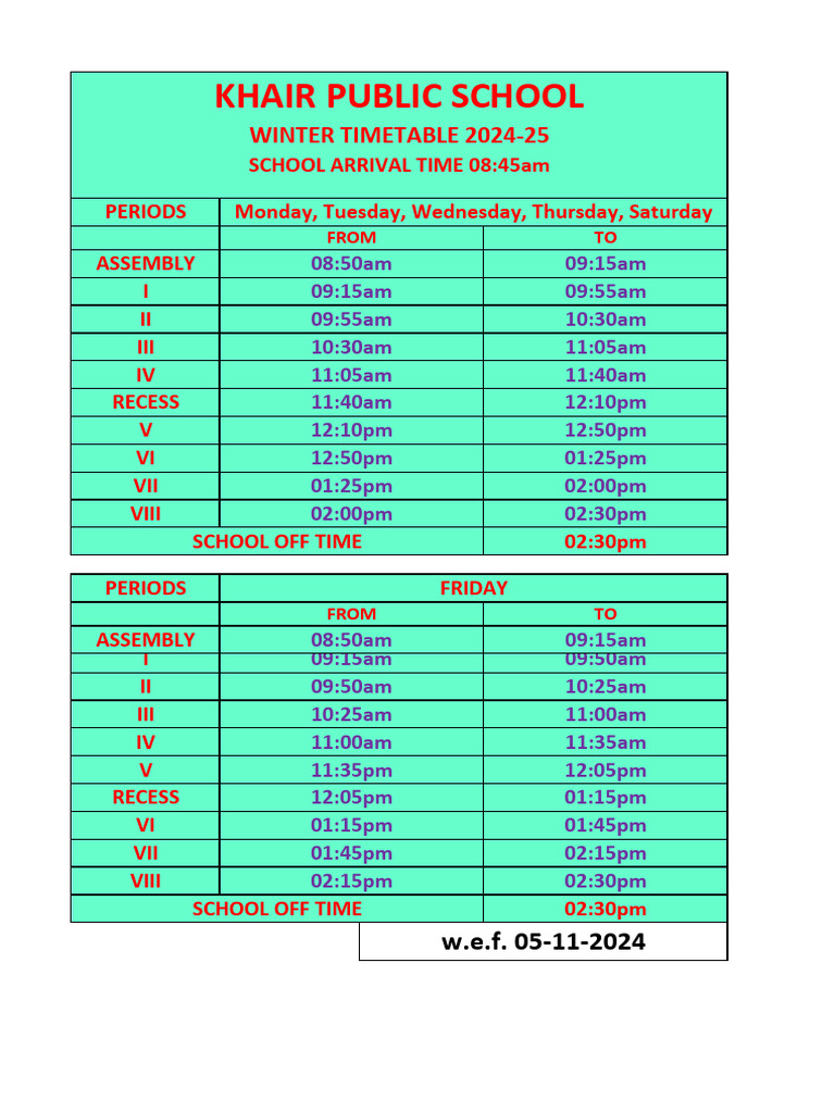 School Winter Timetable 2024-25 | PDF