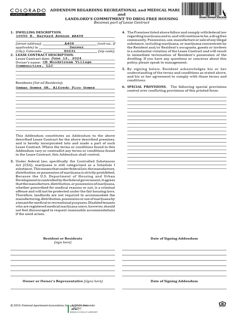 006 Form Addendum Regarding Marijuana Use and Landlord S Commitment To ...