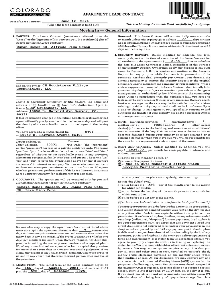 001 Form Apartment Lease Form | PDF | Lease | Legal Liability