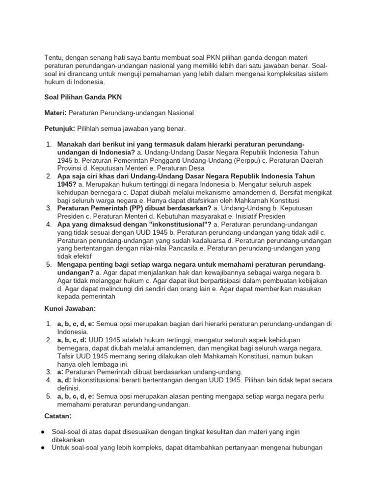 Buatkan Saya Soal PKN Pilihan Ganda Dengan Jawaba... | PDF