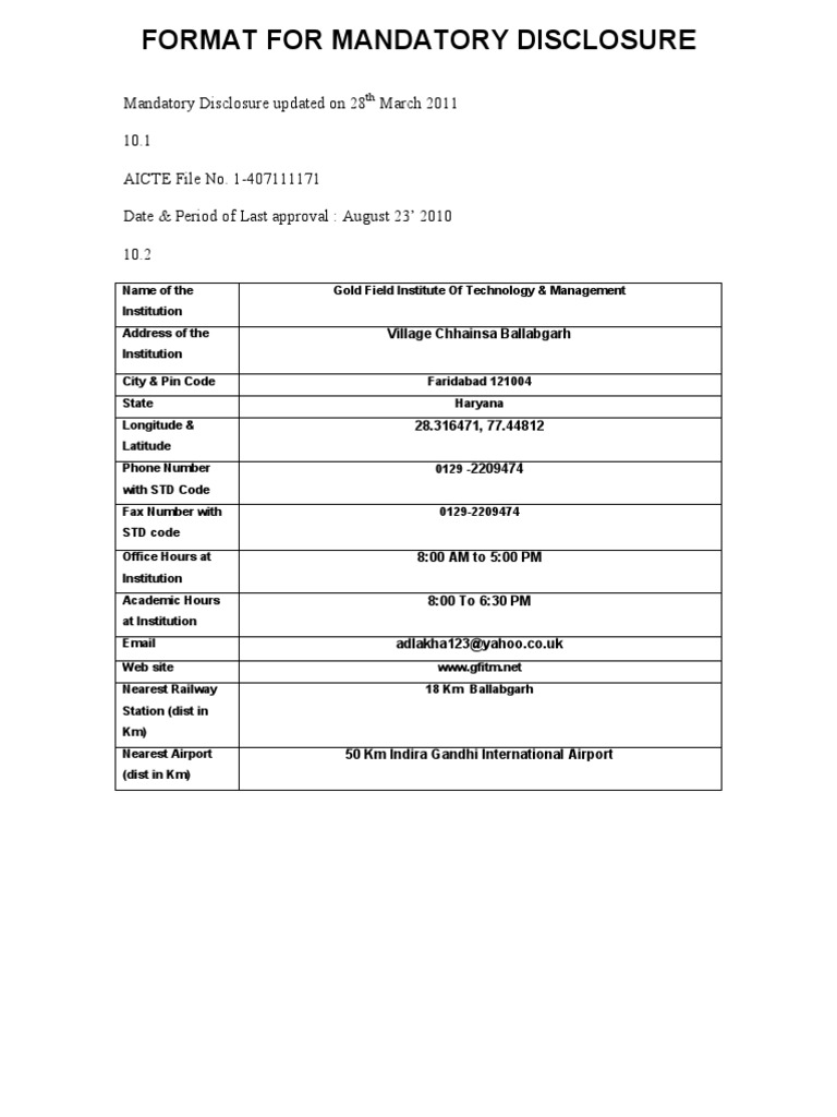 Format For Mandatory Disclosure | PDF | Doctor Of Philosophy | Lecturer