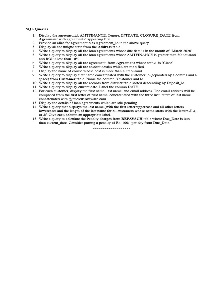 SQL Query Tasks for Learners | PDF | Finance & Money Management