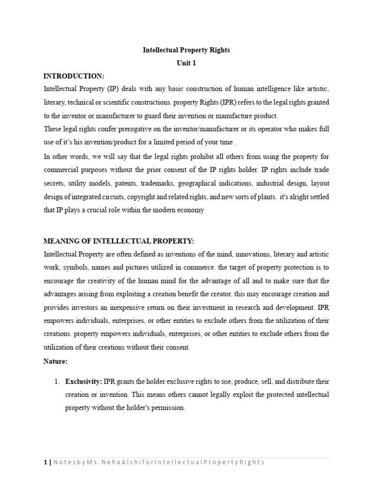 Ipr Notes Sem 1 For Fybaf, Bbi, Bcom, Bms | PDF | Intellectual Property ...