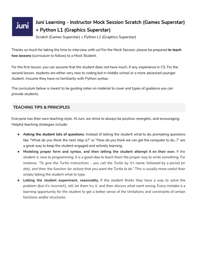 Juni Instructor Mock Session - Scratch Python L1 2021 | PDF | Scratch ...