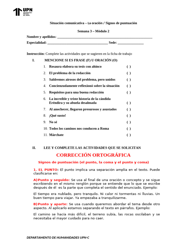 Material Complementario - S3-M2. La Oración y Los Signos Básicos de Puntuación 2024-2 | PDF ...
