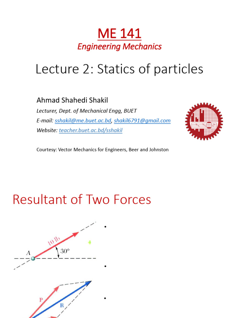ME 141 Lecture 2 Statics of Particles | PDF | Euclidean Vector | Force