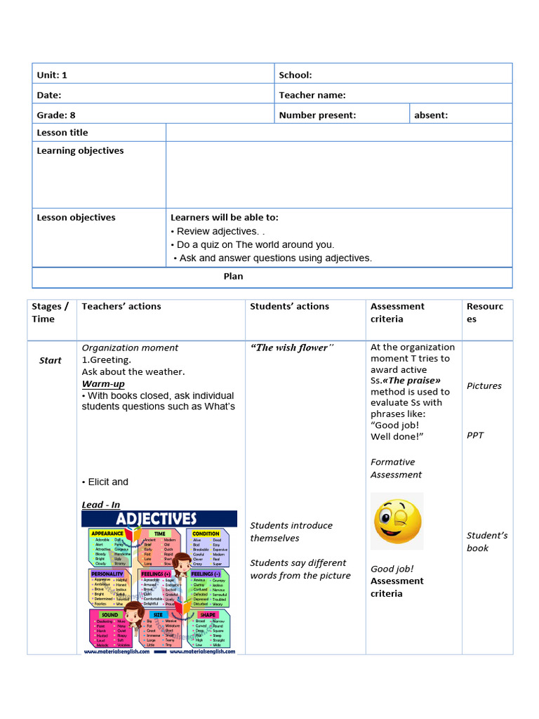 8th Grade Lesson Plans on Adjectives | PDF | Vocabulary | Grammar