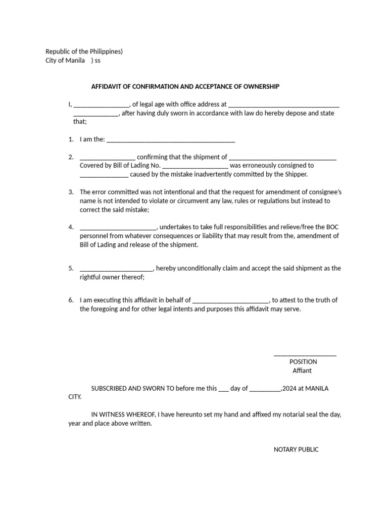 Affidavit of Confirmation and Acceptance of Ownership | PDF