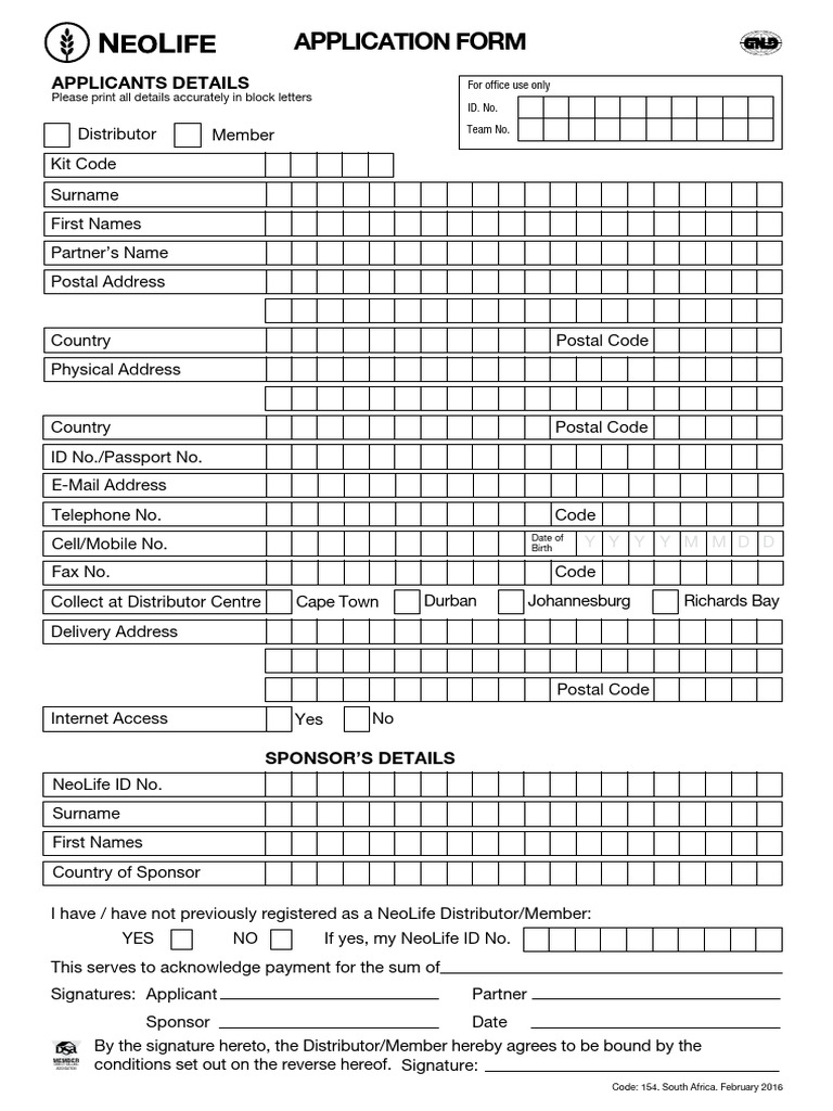 GNLD NeoLife Application Form | PDF | Prices | Rebate (Marketing)