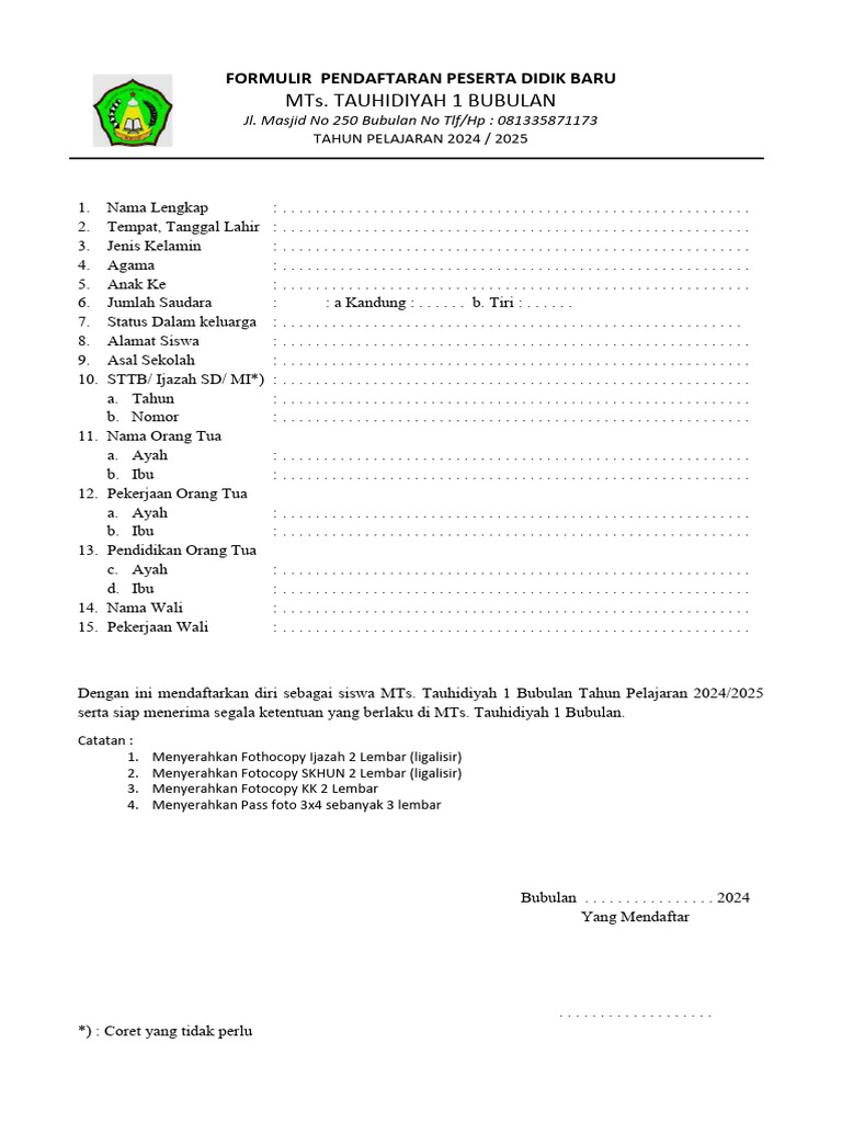 Formulir Pendaftaran Siswa Baru | PDF | Olahraga & Rekreasi
