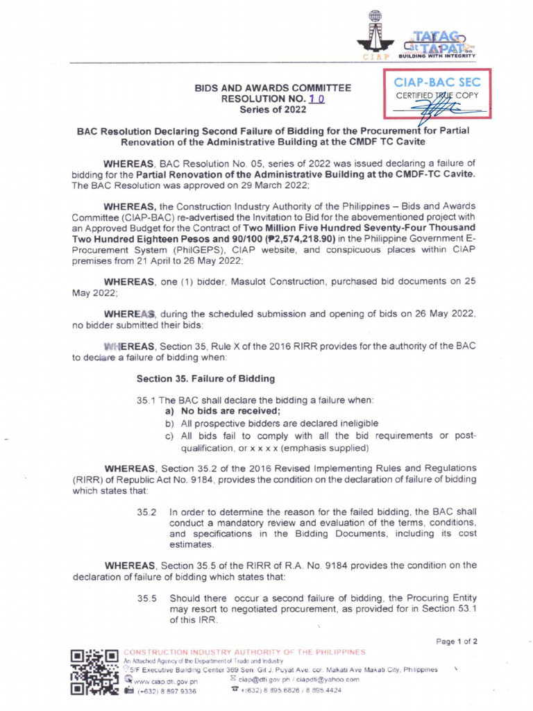 BAC Resolution No. 10 S. 2022 Declaring Second Failure of Bidding For ...