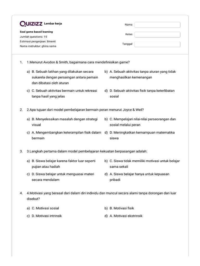 Soal Game Based Learning 15 Pertanyaan | PDF