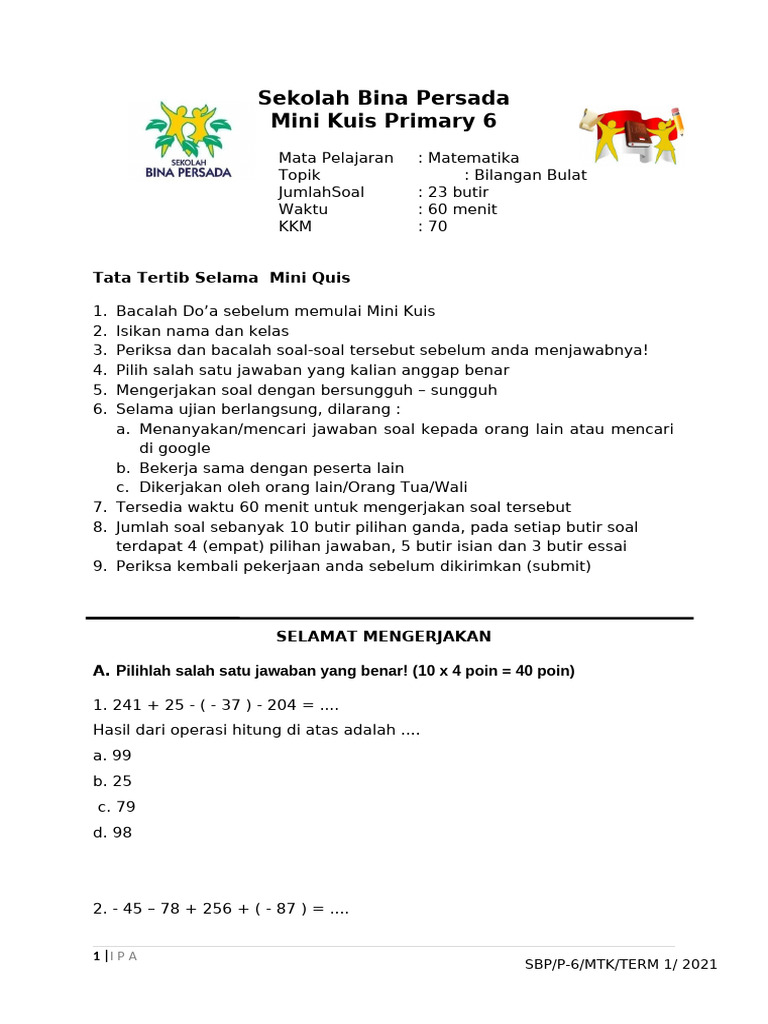 Mini Kuis Matematika Bilangan Bulat P6 | PDF | Metode & Bahan Ajar