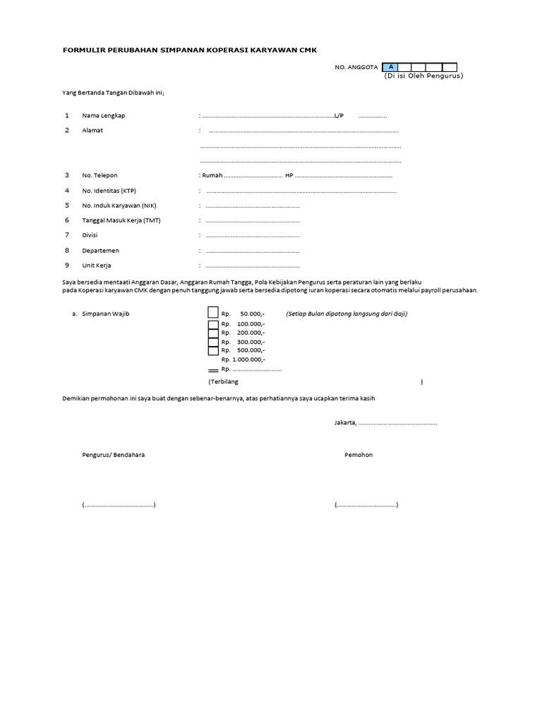 Formulir Simpanan Koperasi Anggota | PDF