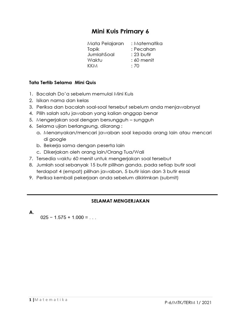 Mini Kuis MATEMATIKA 6 Term 1 2021 BAB 2 UPLD | PDF